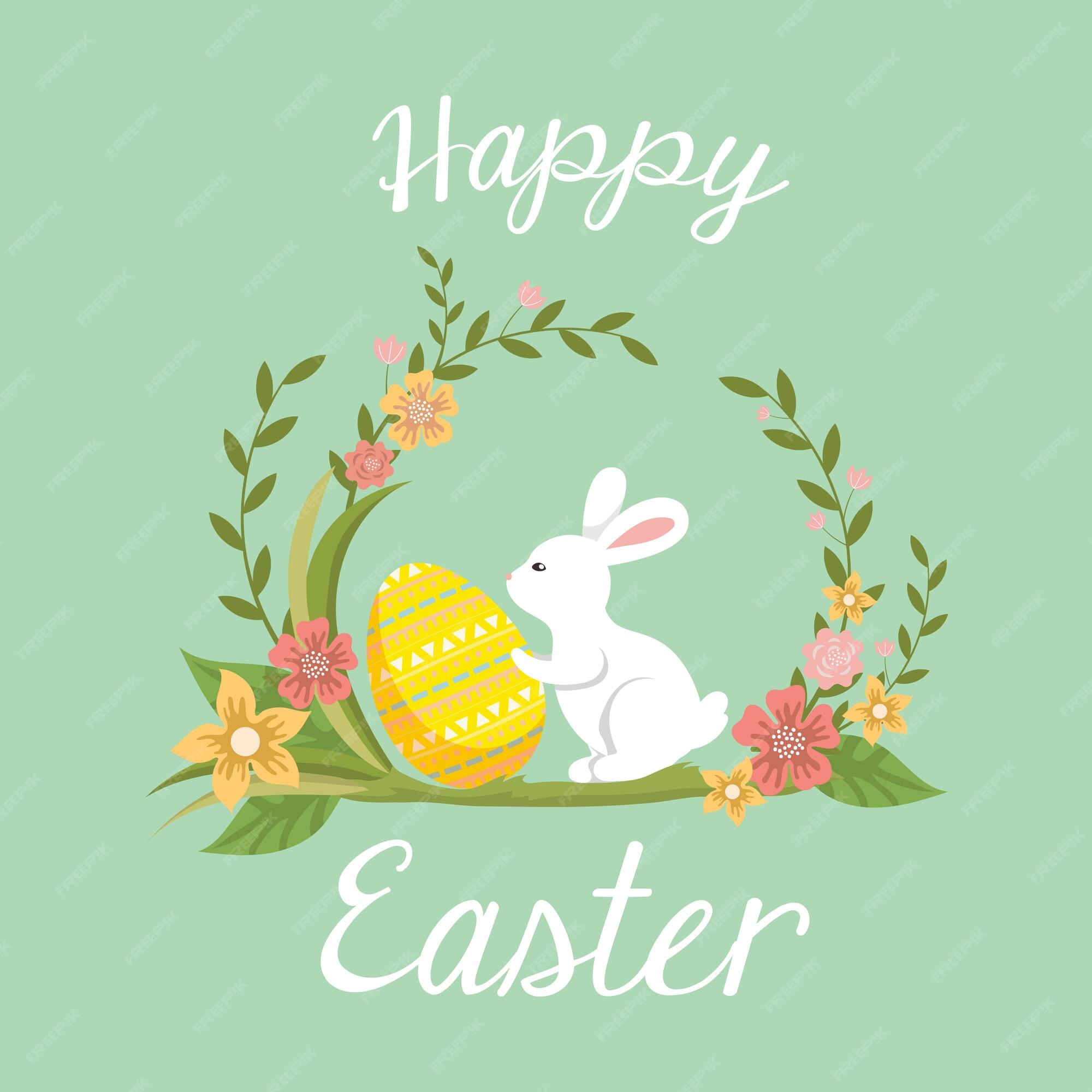 Premium Vector Happy Easter Day Cute Rabbit Collect Eggs In Flowers
