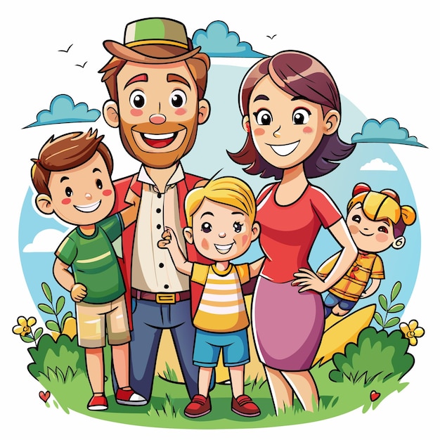 Happy family of four cartoon characters standing together outdoors with ... Happy family of four cartoon characters standing together outdoors with ...