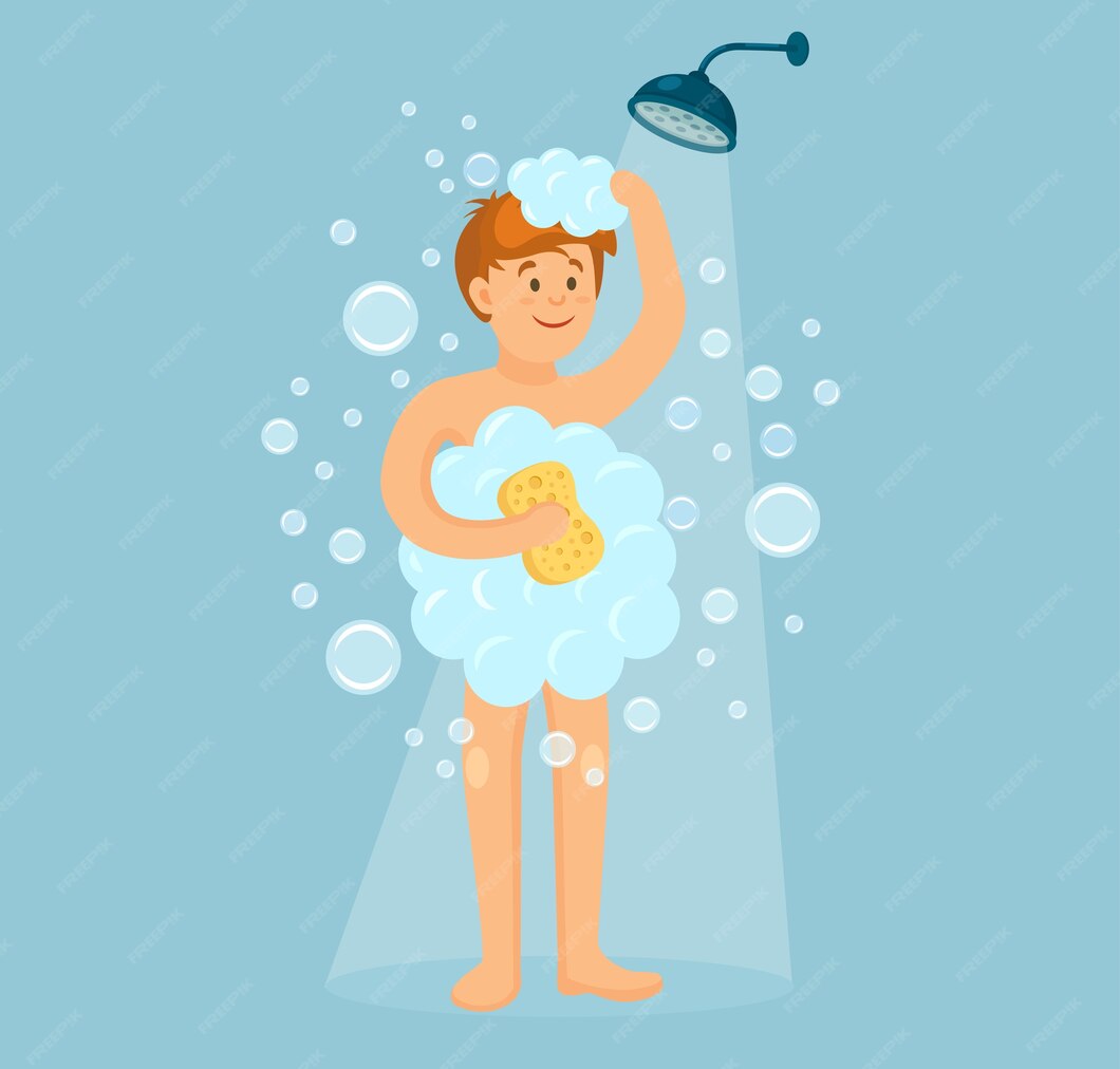 Premium Vector Happy Man Taking Shower In Bathroom Wash Head Hair