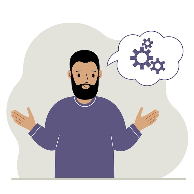 Premium Vector | Happy man thinks dreaming with gears concept. a man or ... Premium Vector | Happy man thinks dreaming with gears concept. a man or ...