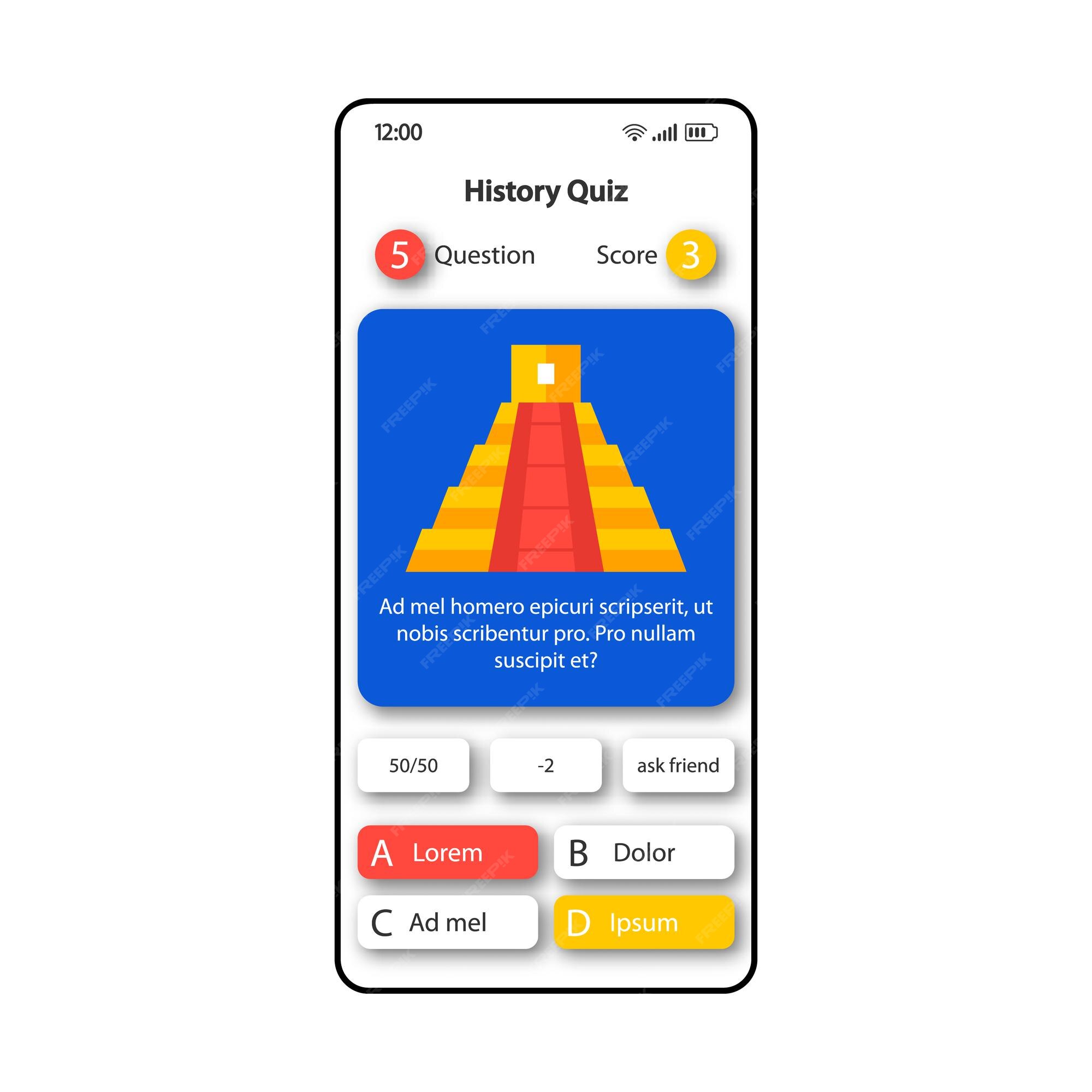 역사 퀴즈 스마트폰 인터페이스 벡터 템플릿입니다 모바일 앱 페이지 흰색 디자인 레이아웃입니다 질문 및 답변 옵션 화면입니다 응용 프로그램에 대한 평면 Ui 지적 게임