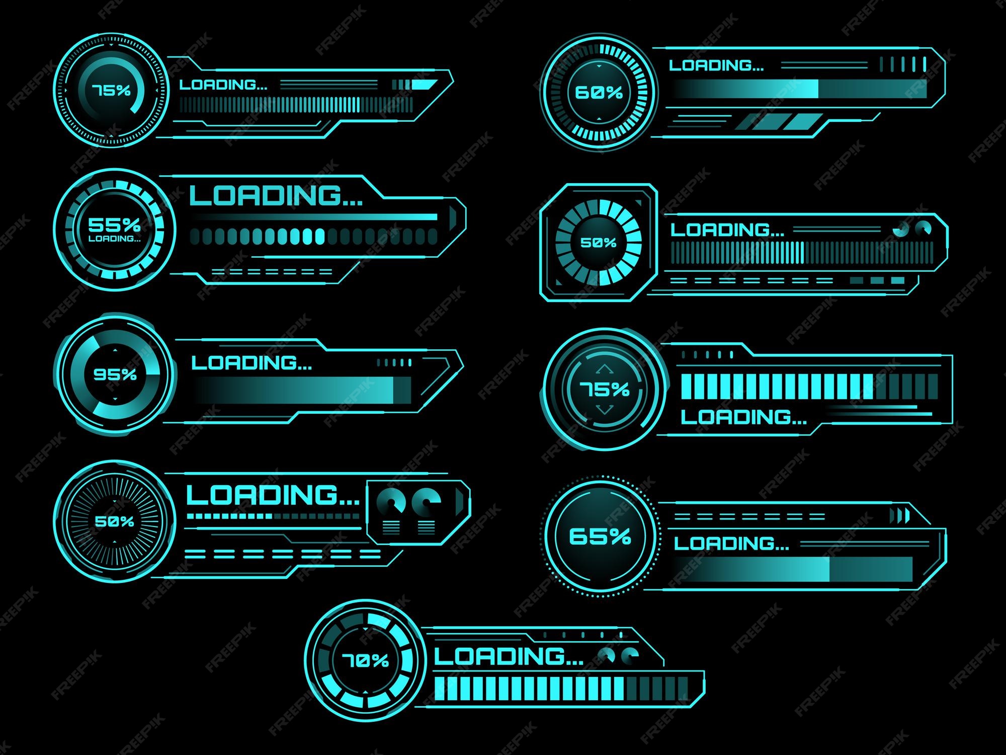 Hud 미래 로드 프로세스 및 상태 표시줄 벡터 인터페이스 아이콘 미래 기술을 위한 디지털 화면의 Hud 로딩 바 게임 대시보드 패널 Ui를 위한 로드 파워 및