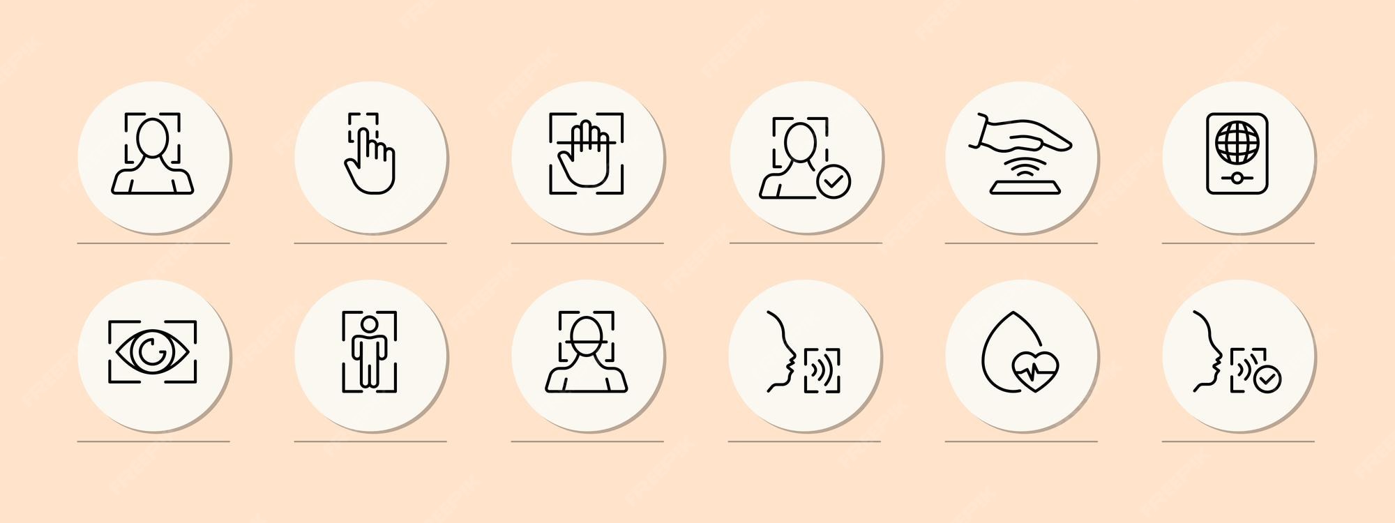 식별 설정 아이콘 Dna Rna 얼굴 인식 두 가지 요소 확인 지문 생체 인식 펄스 얼굴 Id 인증 개념 파스텔 색상 배경 벡터 라인 아이콘 프리미엄 벡터