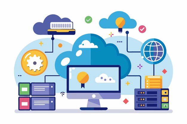 An Illustration Depicting A Cloud Computing Network It Features A Desktop Computer Server And