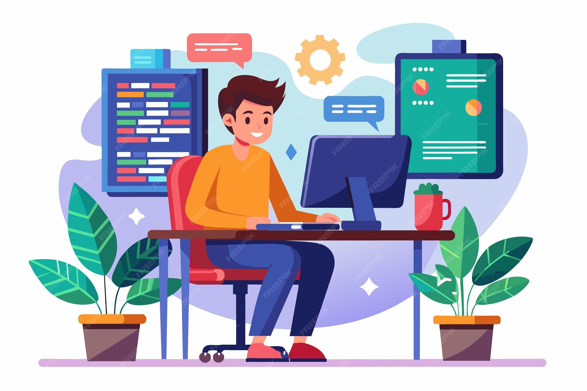 Premium Vector | An illustration depicting a smiling programmer working at his desk using a ...