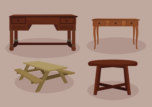 Premium Vector | Illustration of different types of wooden table set Premium Vector | Illustration of different types of wooden table set