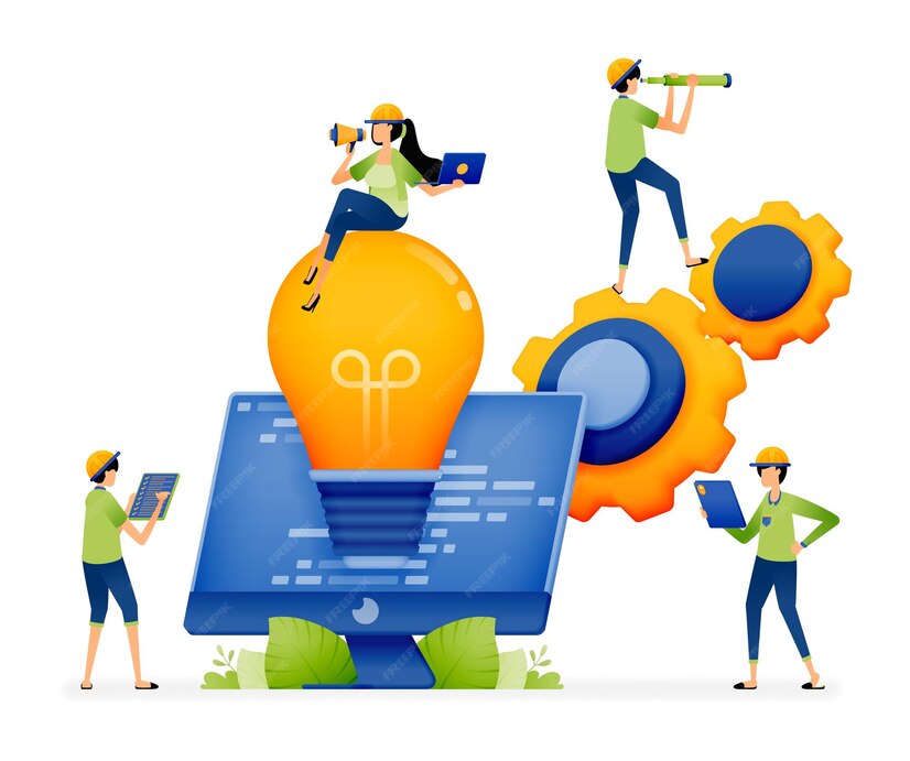 소프트웨어 개발 프로그램 아이디어를 위한 프로그래밍 엔지니어링 및 코딩 그림 웹 사이트 방문 페이지 전단지 배너 앱 브로셔 시작