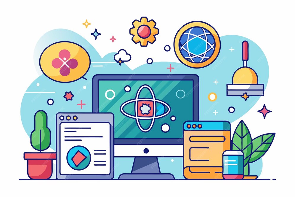 Illustration of React workspace with computer phone and UI elements ...