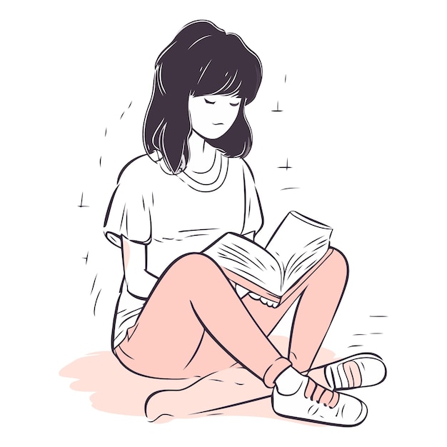 Illustration Of A Young Woman Sitting On The Floor And Reading A Book