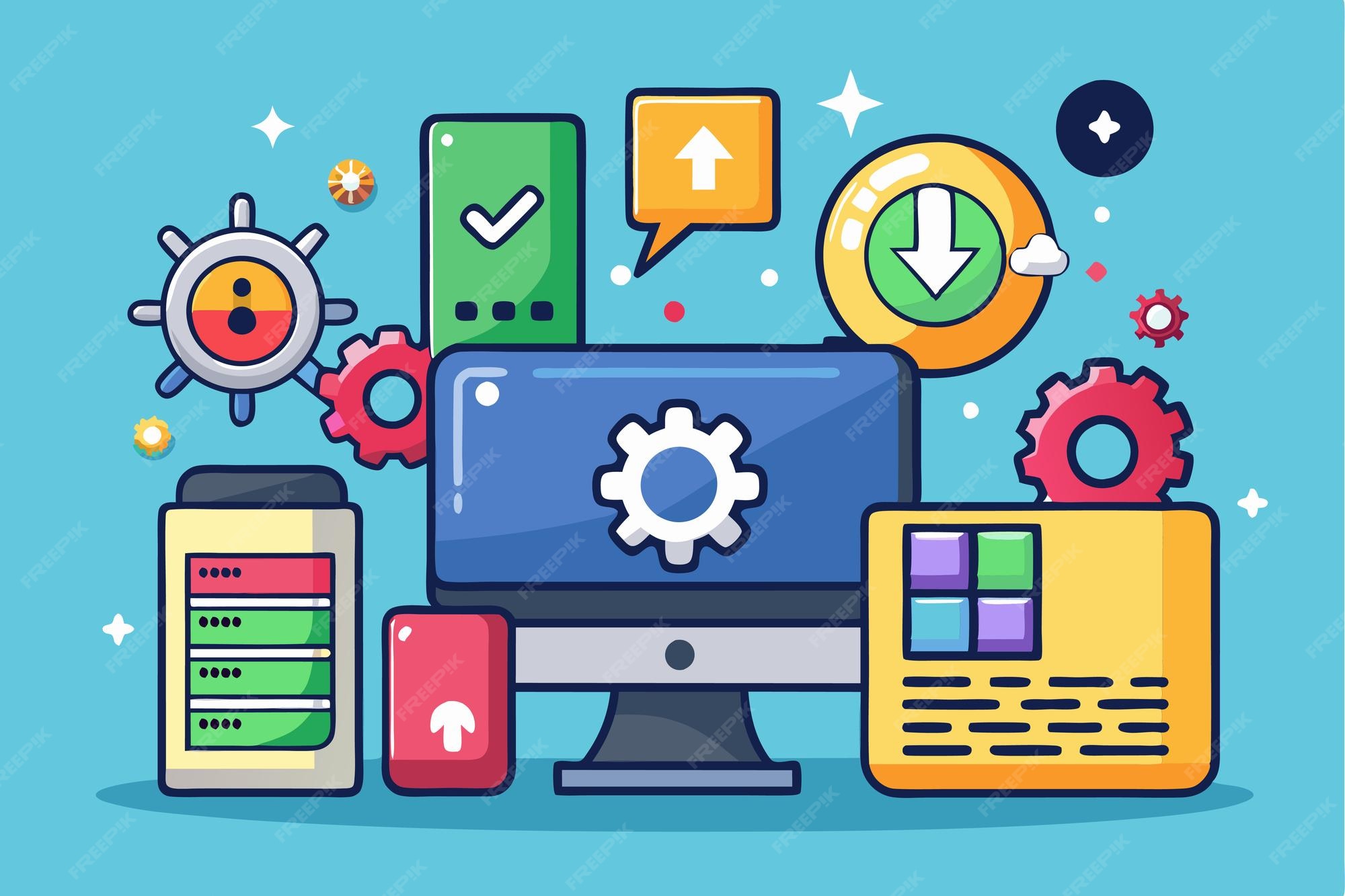 Illustrative elements representing customizable tools for operating system upgrades on a ...