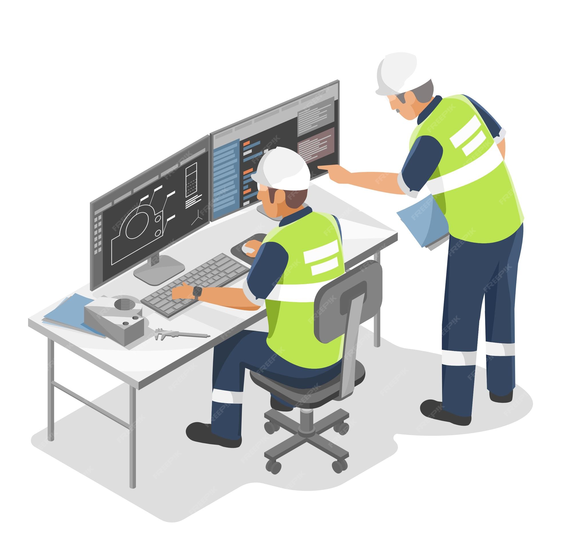 산업용 프로그래머 엔지니어 프로그래밍 Cnc 기계 또는 Plc 프로그래머블 로직 컨트롤러 프리미엄 벡터