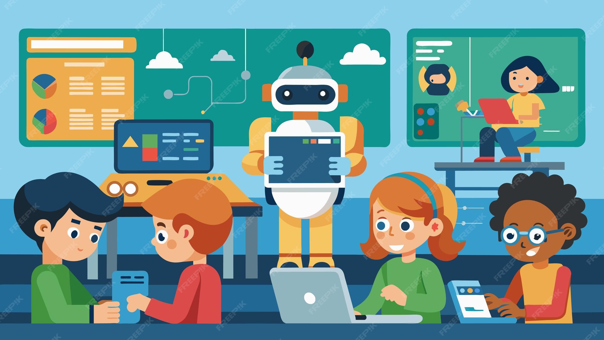 Premium Vector | Inside a classroom students were busy coding and ...