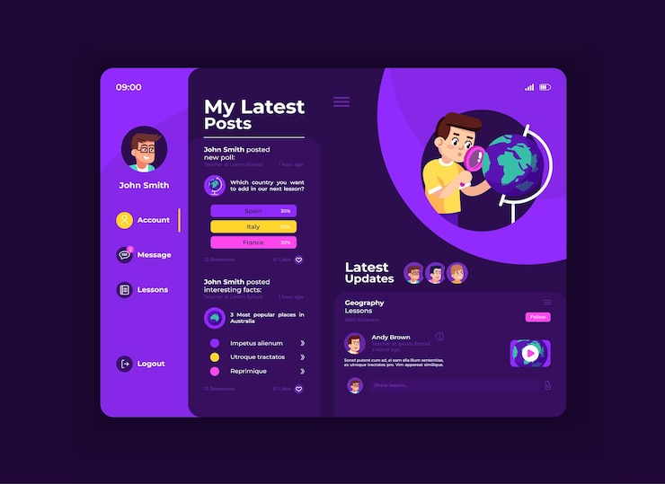 인터넷 교사 태블릿 인터페이스 벡터 템플릿입니다 모바일 앱 페이지 야간 모드 디자인 레이아웃입니다 사용자 프로필 화면입니다