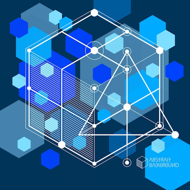 선형 차원 큐브 모양 벡터 3d 메쉬 요소가 있는 아이소메트릭 추상 짙은 파란색 배경 큐브 육각형 사각형 사각형 및