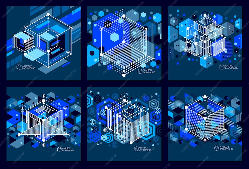 Premium Vector Isometric Abstract Dark Blue Backgrounds Set With Linear Dimensional Cube