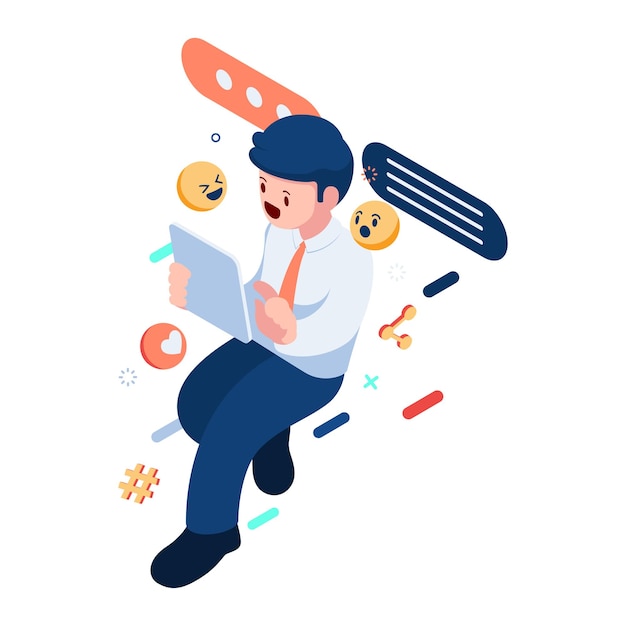 Premium Vector | Isometric Businessman Using Social Media on Tablet Premium Vector | Isometric Businessman Using Social Media on Tablet