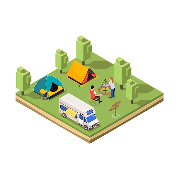 Premium Vector | Isometric camping territory composition Premium Vector | Isometric camping territory composition
