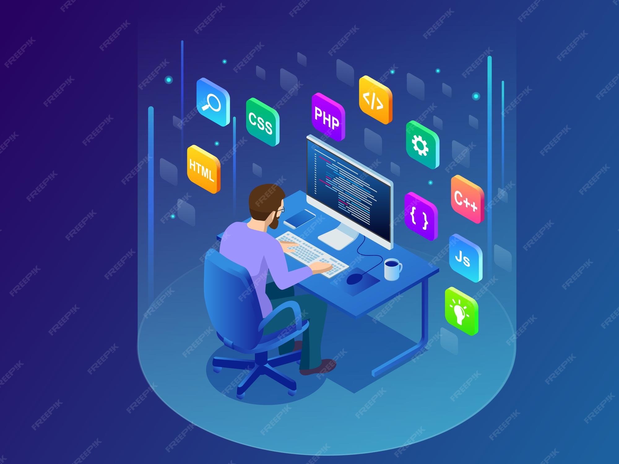 Premium Vector | Isometric Developing programming and coding ...