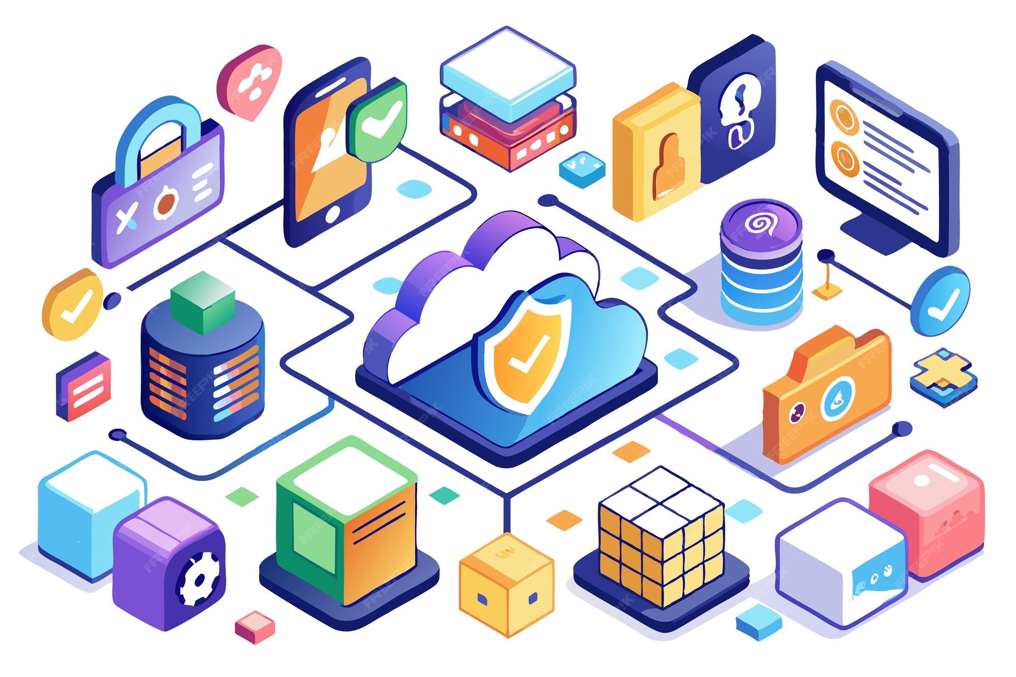 Isometric Illustration Of A Cloud Computing Network With Icons Representing Various Features