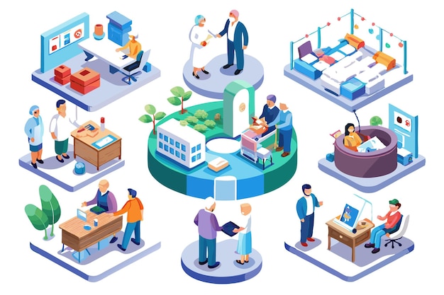 Isometric illustration depicting various aspects of senior care ... Isometric illustration depicting various aspects of senior care ...