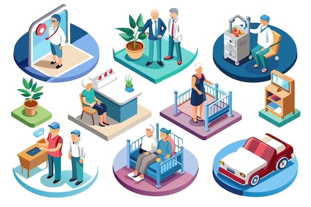 Isometric illustrations depicting various aspects of senior care ... Isometric illustrations depicting various aspects of senior care ...