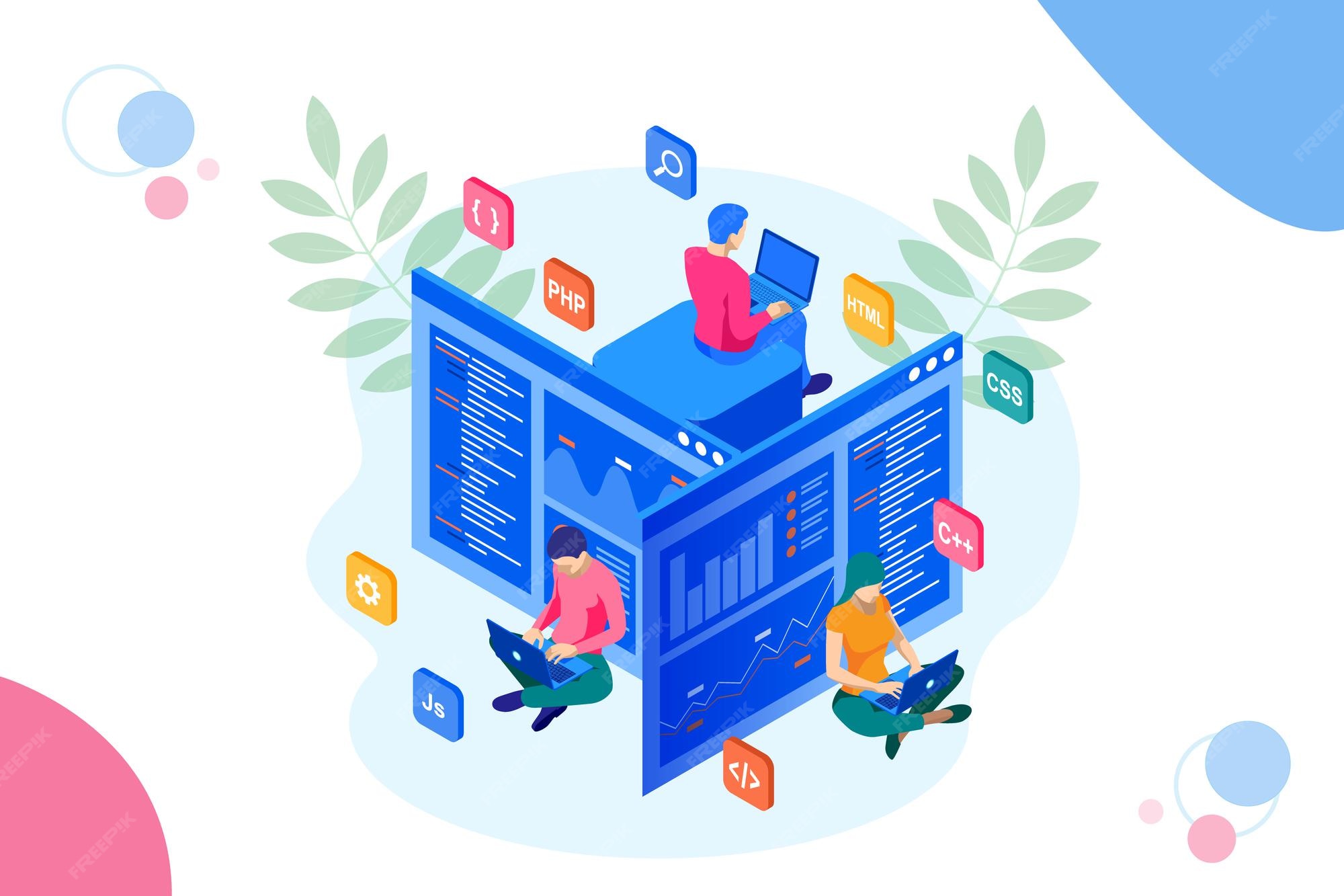 Premium Vector | Isometric programmer coding new project. Web Development and Programming Skills ...