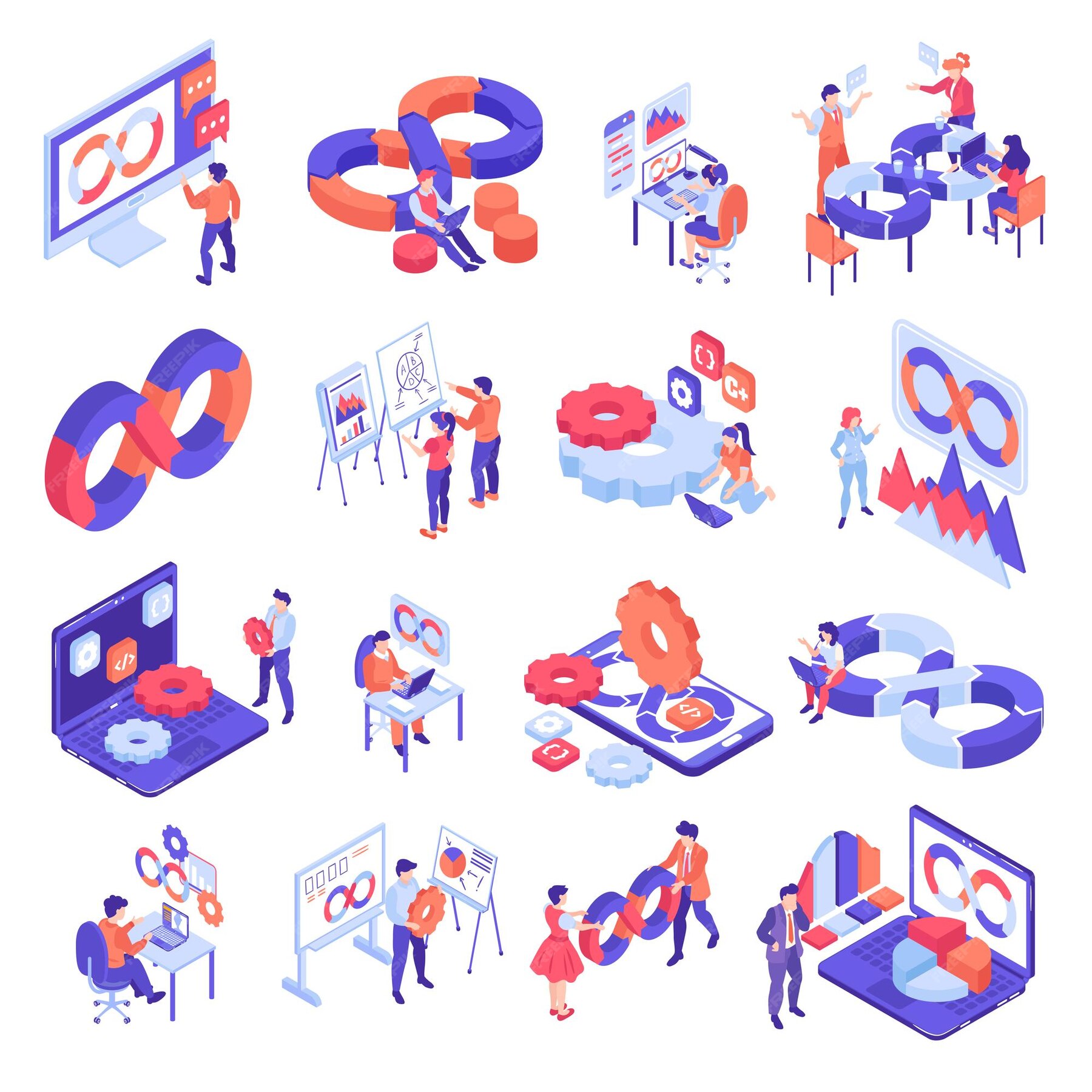 Premium Vector | Isometric set with infinity symbol devops engineers ...