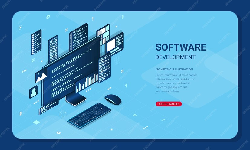 Premium Vector | Isometric web banner software development Program code on computer screen ...
