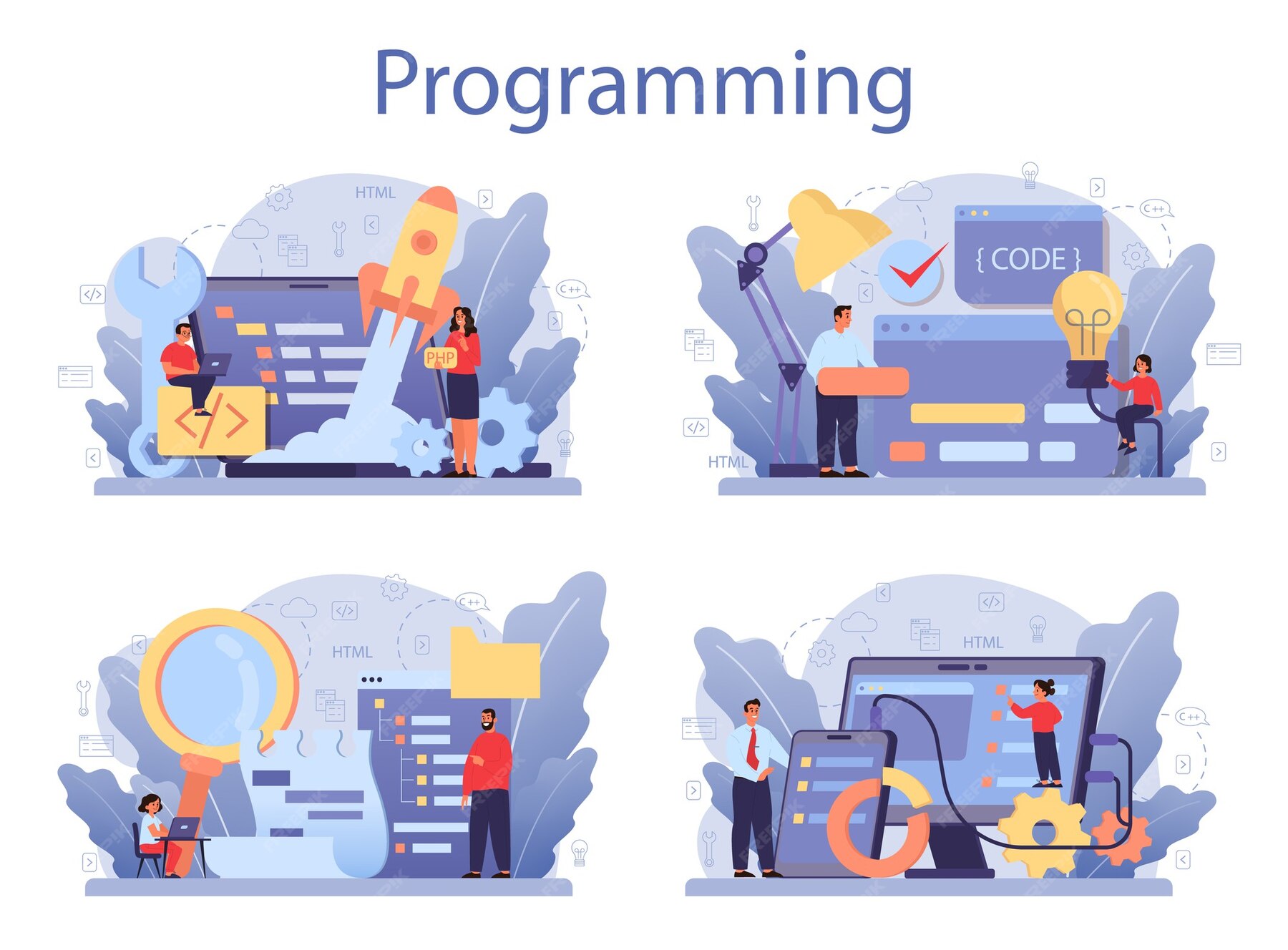 Premium Vector | It education concept set. student write software and ...