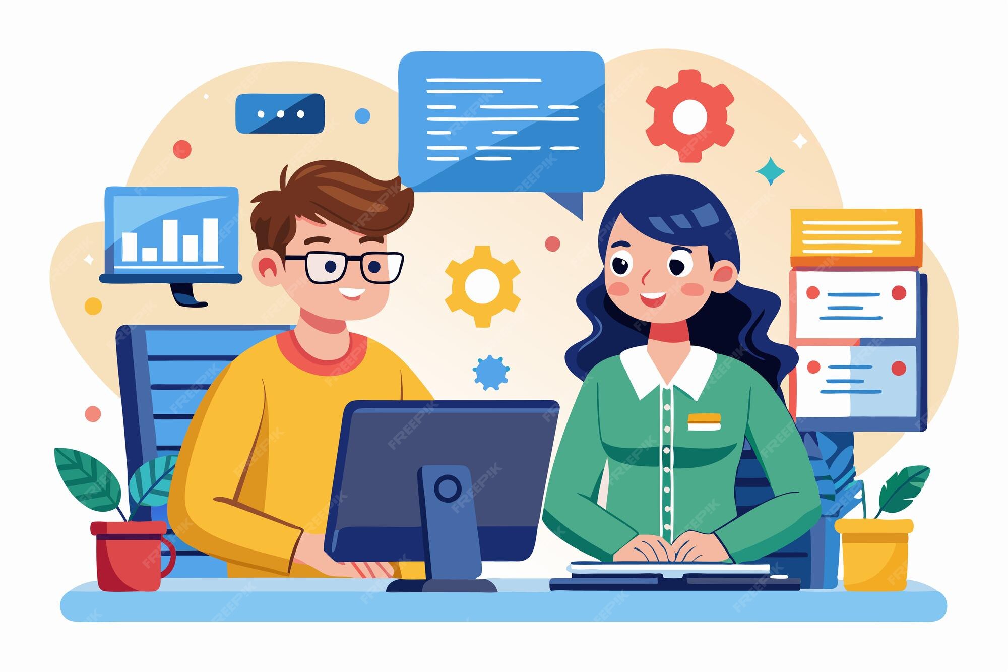 An IT specialist and a programmer engage in a discussion about coding while working together at ...