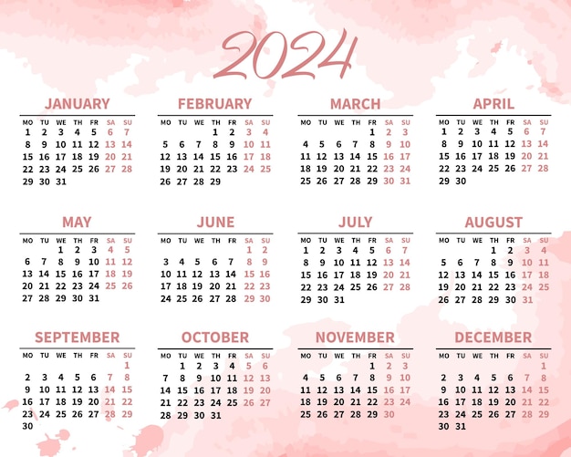 Kalender voor 2024 op een zachtroze aquarel achtergrond. horizontale ... Kalender voor 2024 op een zachtroze aquarel achtergrond. horizontale ...