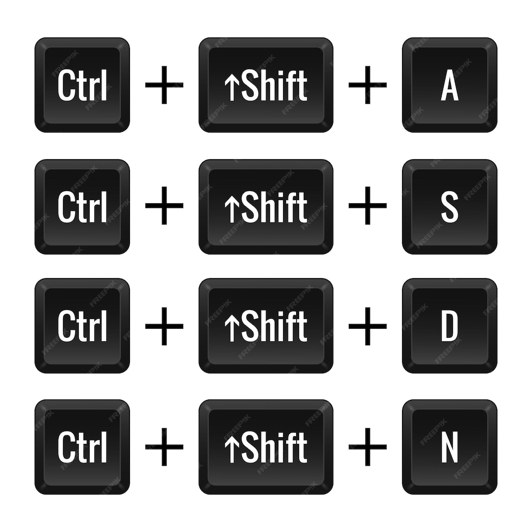 키보드 조합 Ctrl Shift 및 A S D N 핫키 제어 매크로 단축 명령 입력 입력 유형 레이아웃 컴퓨터 노트북 키 선택 모든 새로 저장 터 일러스트레이션 프리미엄 벡터