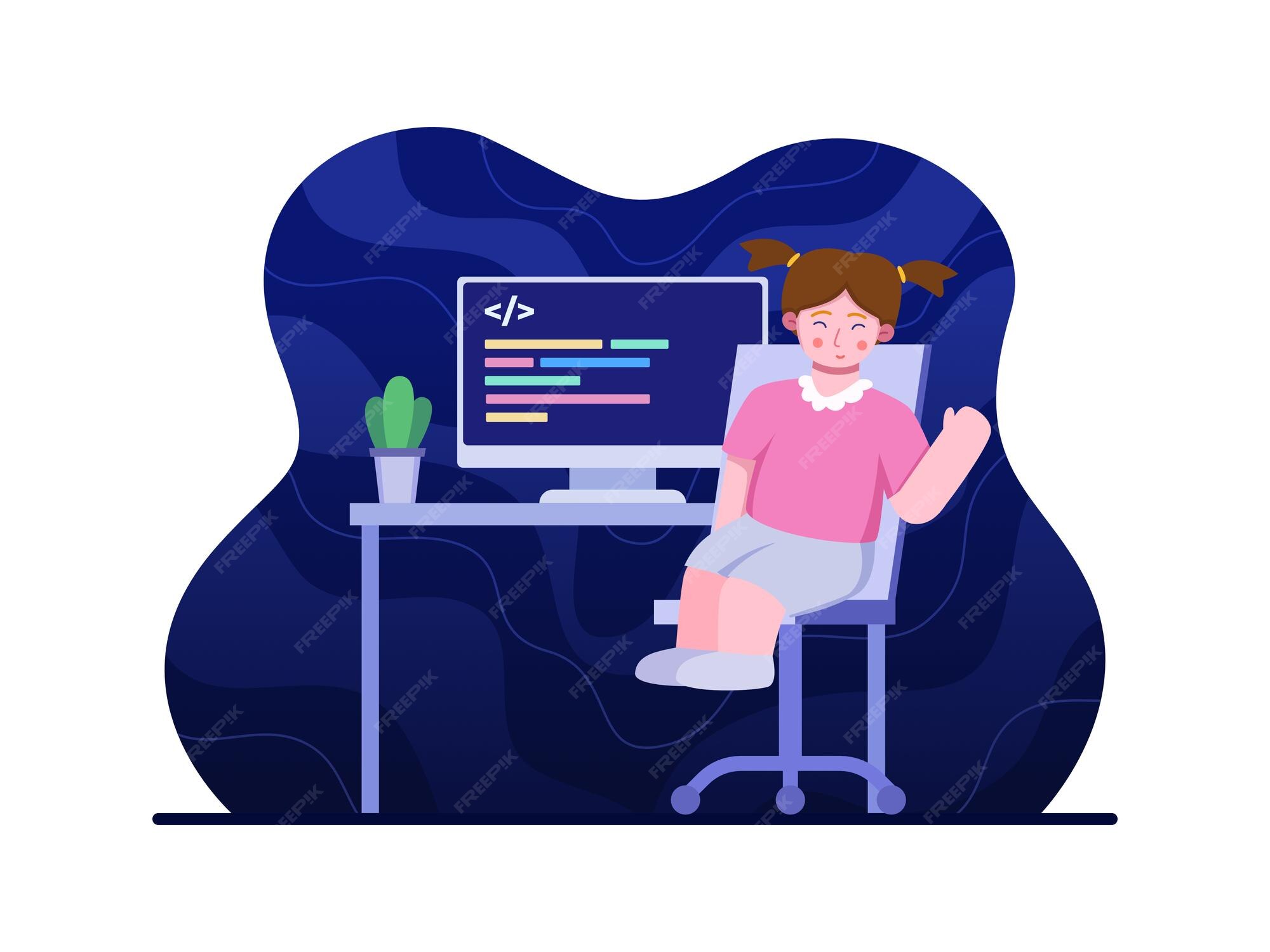 Premium Vector | Kid happy learning codding in computer web coding for ...