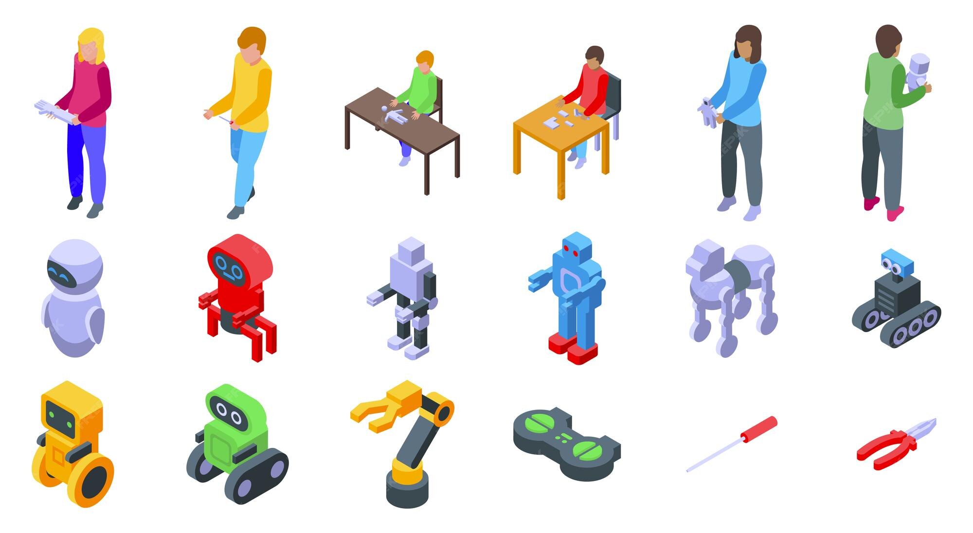 Premium Vector | Kid robot class icons set Robotics engineering team ...