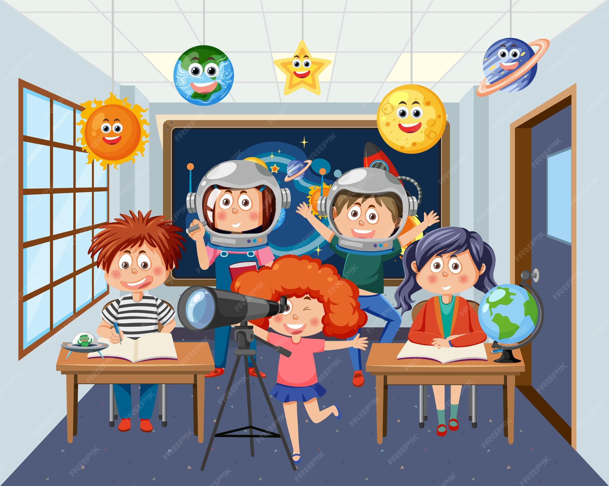 Premium Vector | Kids studying astronomy with telescope Premium Vector | Kids studying astronomy with telescope