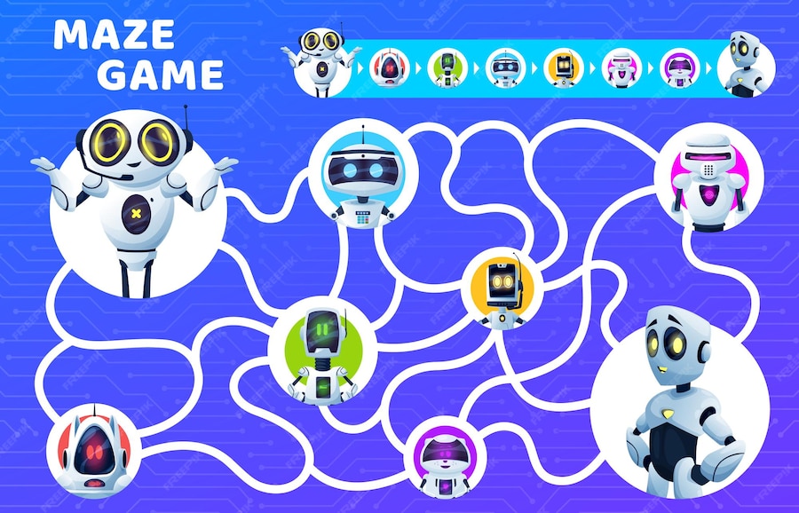 미로 미로 게임 아이들은 만화 벡터 로봇으로 수수께끼를 냅니다 올바른 교육 퍼즐 주의력 테스트 또는 퀴즈 지도 로봇 인공 지능 드로이드 및 봇이 포함된 보드 게임