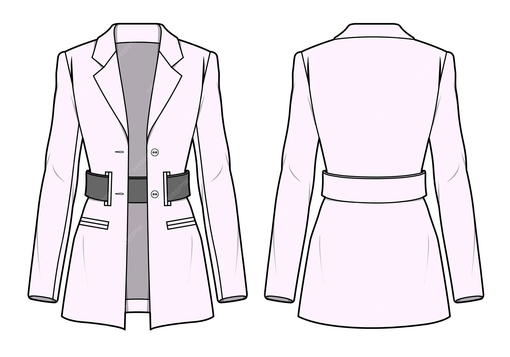 Premium Vector Ladies Belted Coat Front And Back View Flat Drawing Vector Template