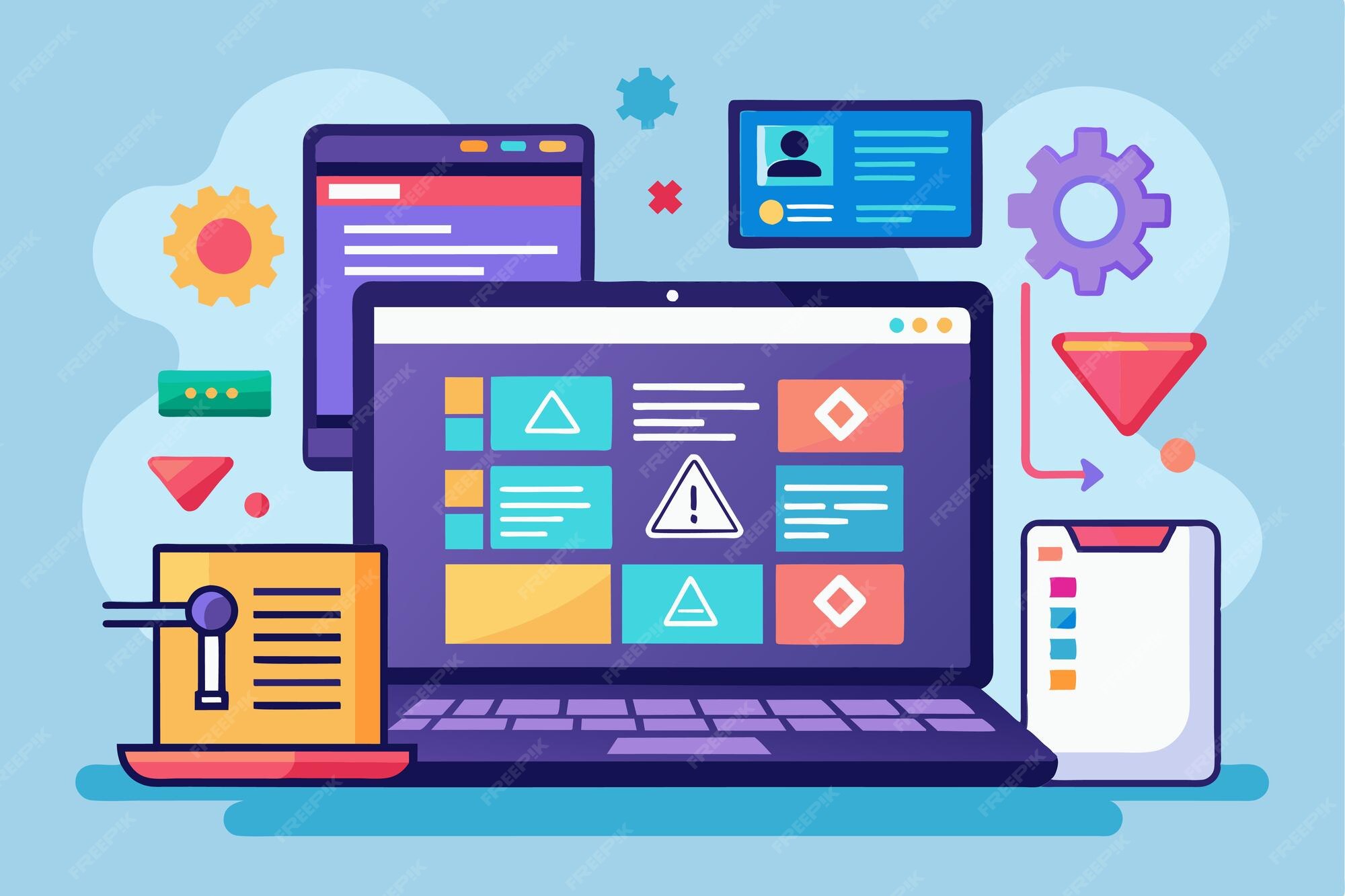 A laptop displays various programming software problems and colorful alerts on the screen ...