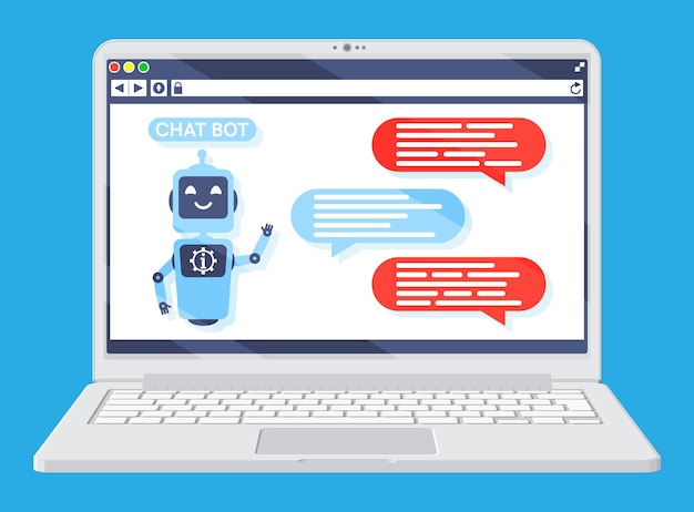 Premium Vector | Laptop with Chat Bot Speak in Bubble on Screen Premium Vector | Laptop with Chat Bot Speak in Bubble on Screen