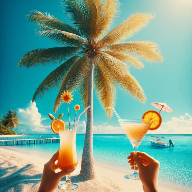 Premium Vector Lazy Tropical Beach Sunset With Cocktail And Good Vibrations Vector Illustration
