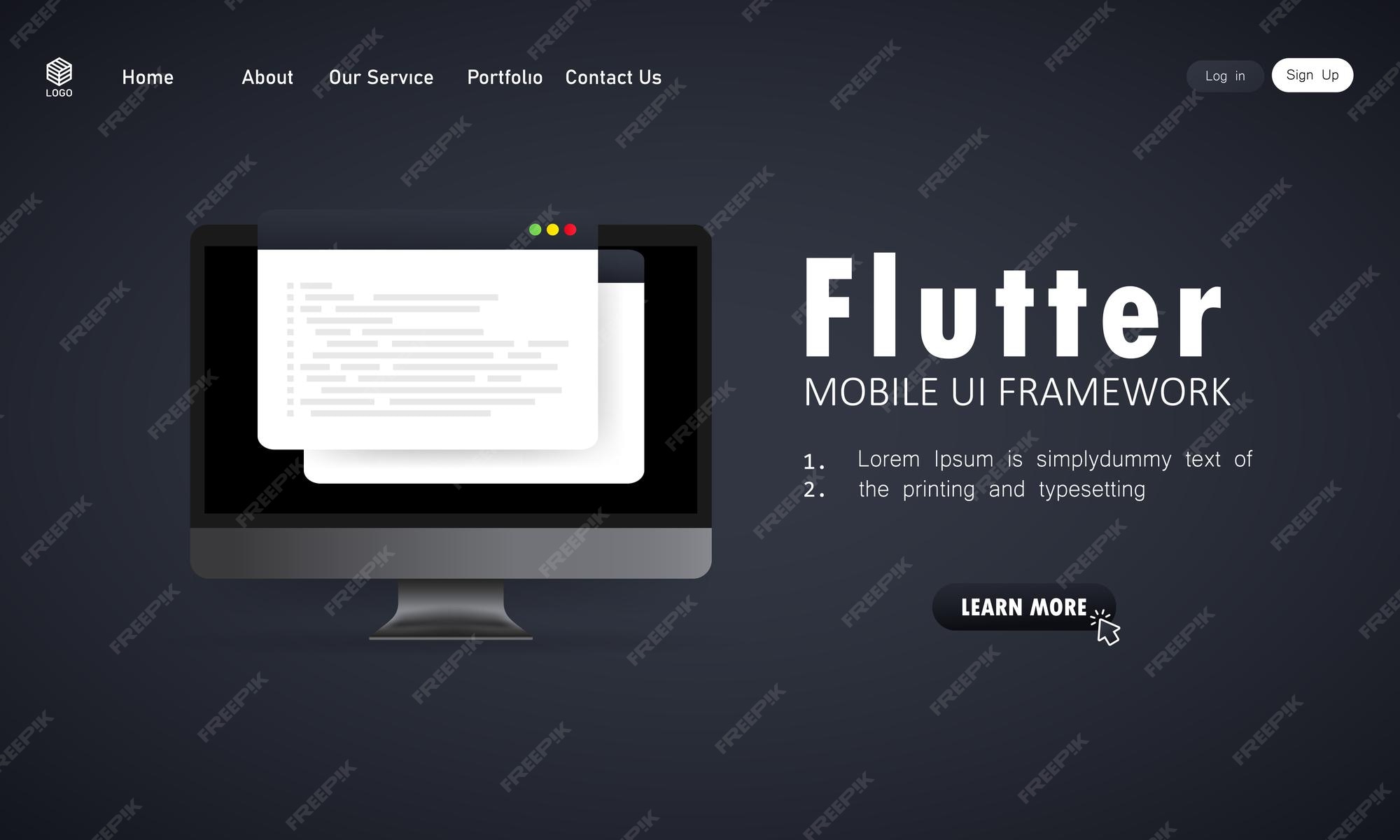 컴퓨터 화면에서 Flutter Mobile Ui Framework를 코딩하고 언어 코드 일러스트레이션을 프로그래밍하는 방법을