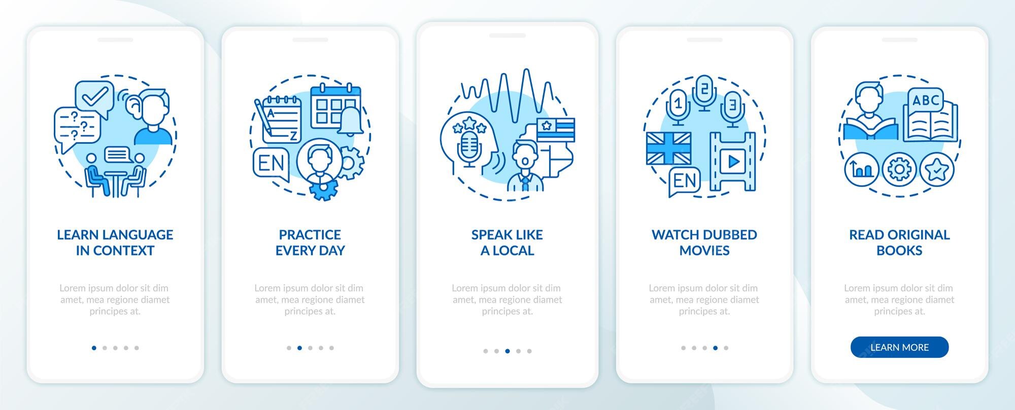 Premium Vector Learning Language Advices Onboarding Mobile App Page Screen With Concepts