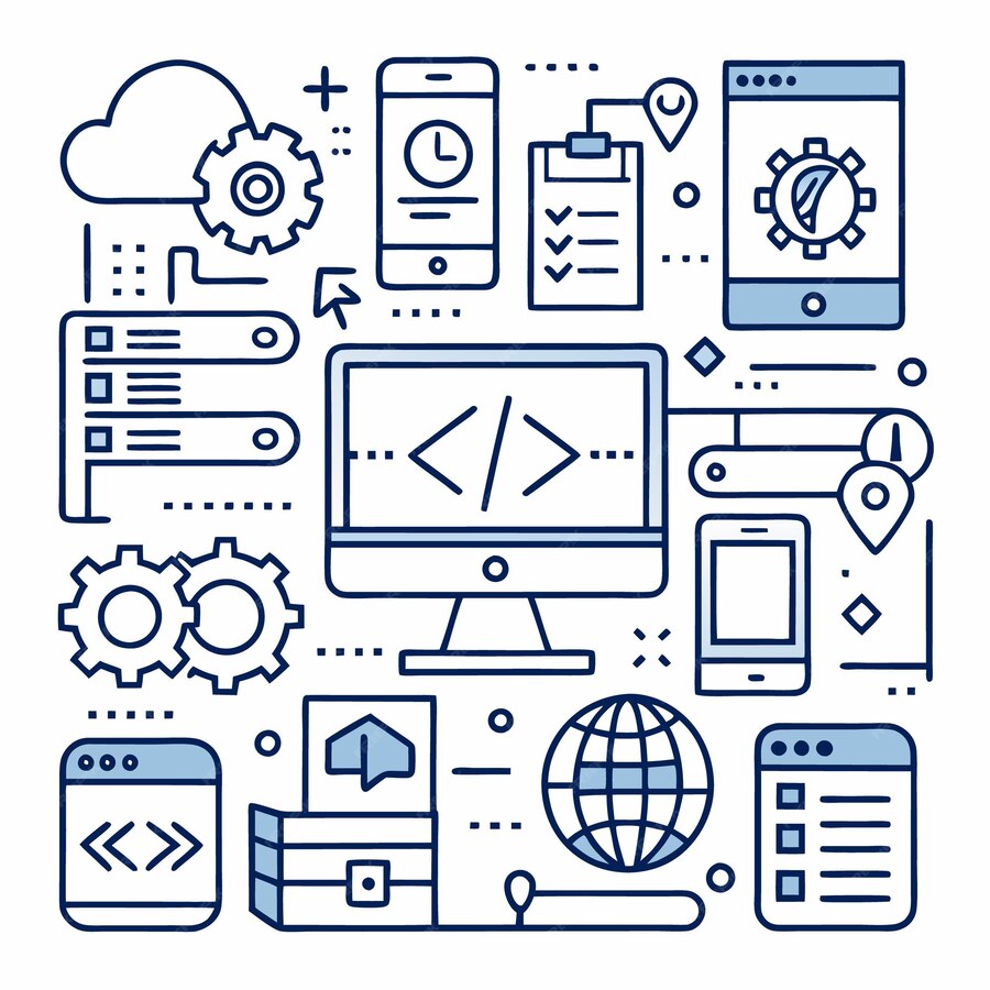 Line art illustration of computer programming web design coding ...