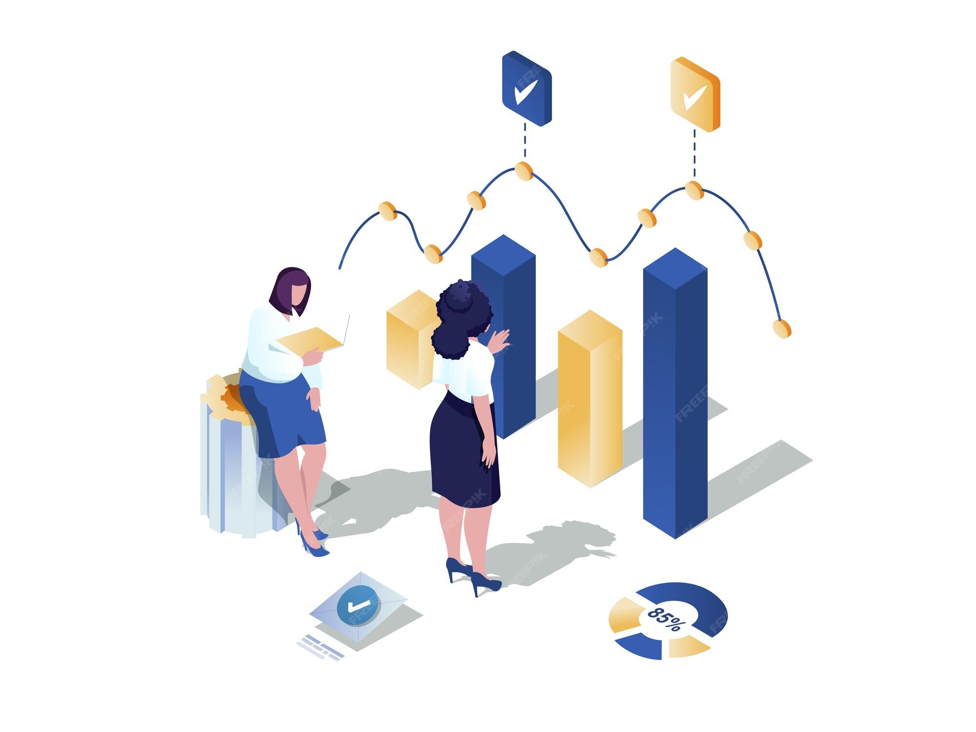 Premium Vector | Line graph concept 3d isometric web scene people working with data charts and ...