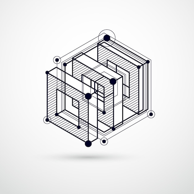 선과 모양 추상적인 벡터 아이소메트릭 3d 흑백 배경 엔진 또는 엔지니어링 메커니즘의 추상 체계입니다 큐브 육각형 정사각형 직사각형 및 다양한 요소의 레이아웃