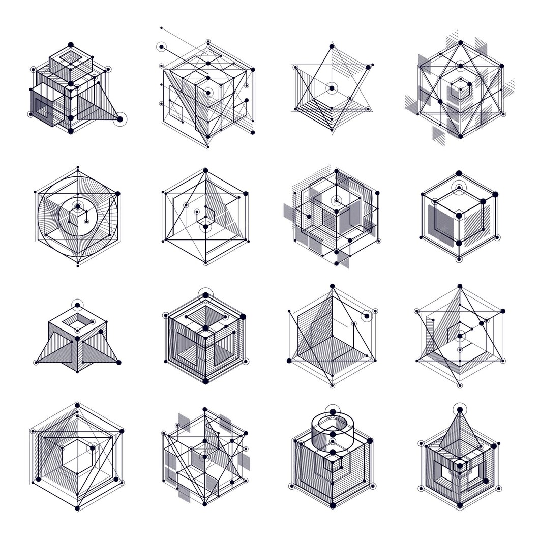 선 및 모양 추상 벡터 아이소메트릭 3d 흑백 배경이 설정됩니다 엔진 또는 엔지니어링 메커니즘의 추상 체계 정육면체 육각형 정사각형 직사각형 및 다양한 요소의 레이
