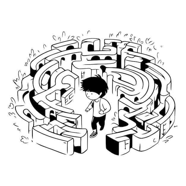 Premium Vector | Little boy trying to find way out of maze Premium Vector | Little boy trying to find way out of maze