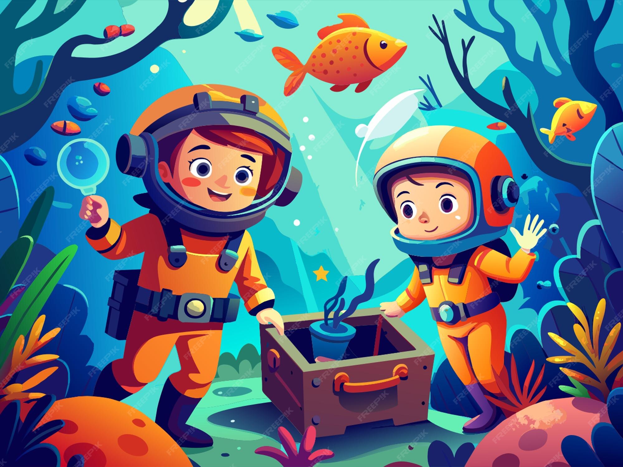 Little Brother And Sister In Scuba Gear Scuba Gear And Face Masks In An Underwater Bathyscaphe