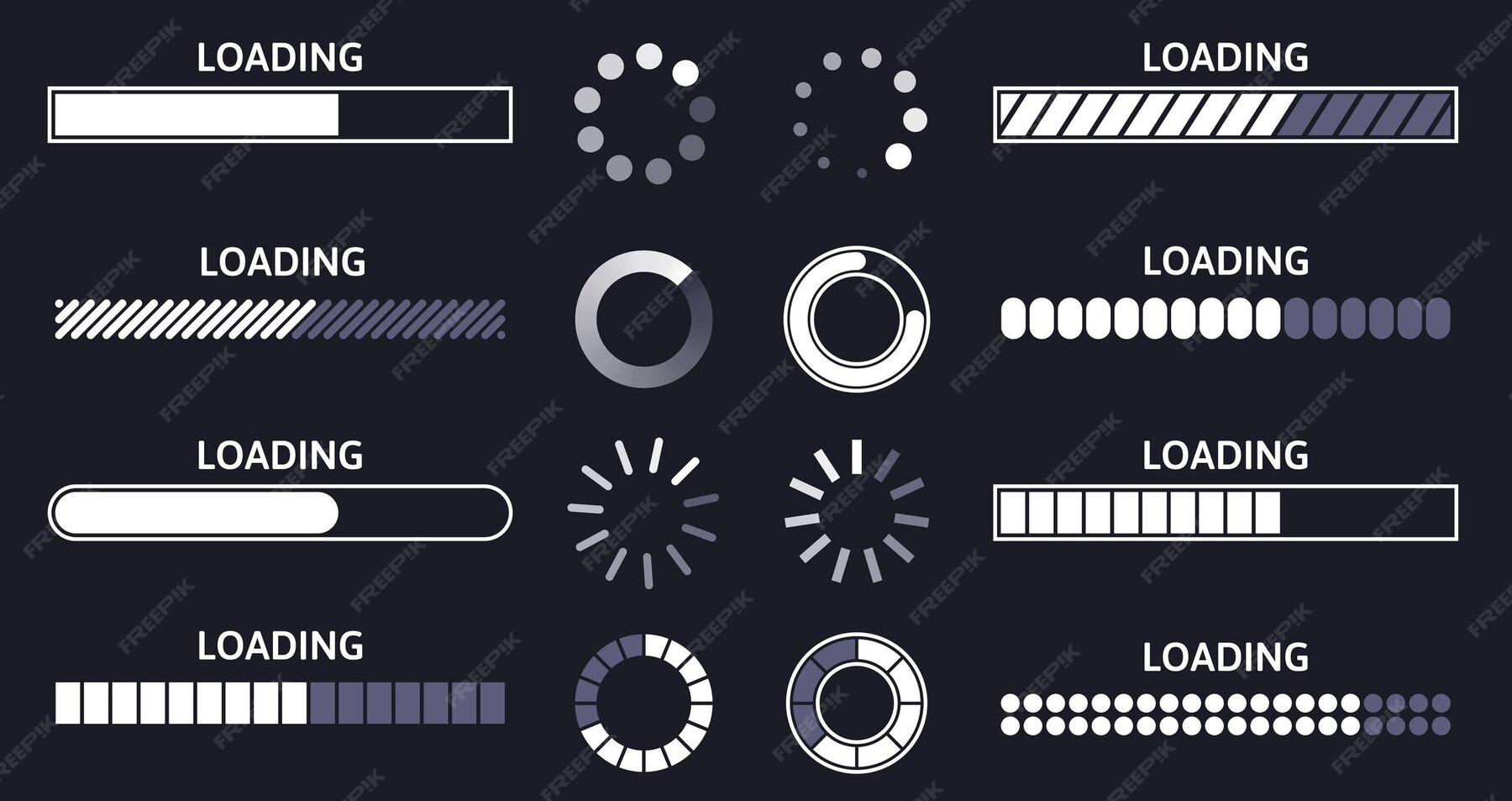 로드 표시기 로드 상태 표시줄 라운드 버퍼 다운로드 진행률 및 라인 업로드 또는 파일 전송 대기 막대 벡터 기호 세트 프리미엄 벡터