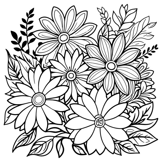 豪華な花の輪郭 絵画 絵本のページをカラーリング ラインアートスケッチ プレミアムベクター